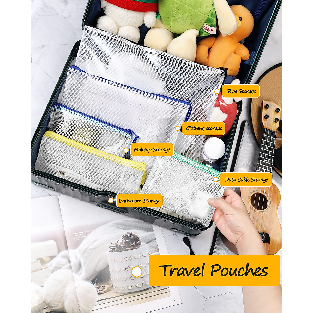 SUNEE 12pcs Mesh Zipper Pouch 11x16, Large Storage Bags for Board Game & Puzzle Organizing, Reusable Plastic Zip Organizer for Travel (A3, 6 Colors)