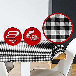 Sorfey Vinyl Picnic Table Fitted Tablecloth Cover, Checkered Design, Flannel Backed Lining, 28 x 72 Inch, Black