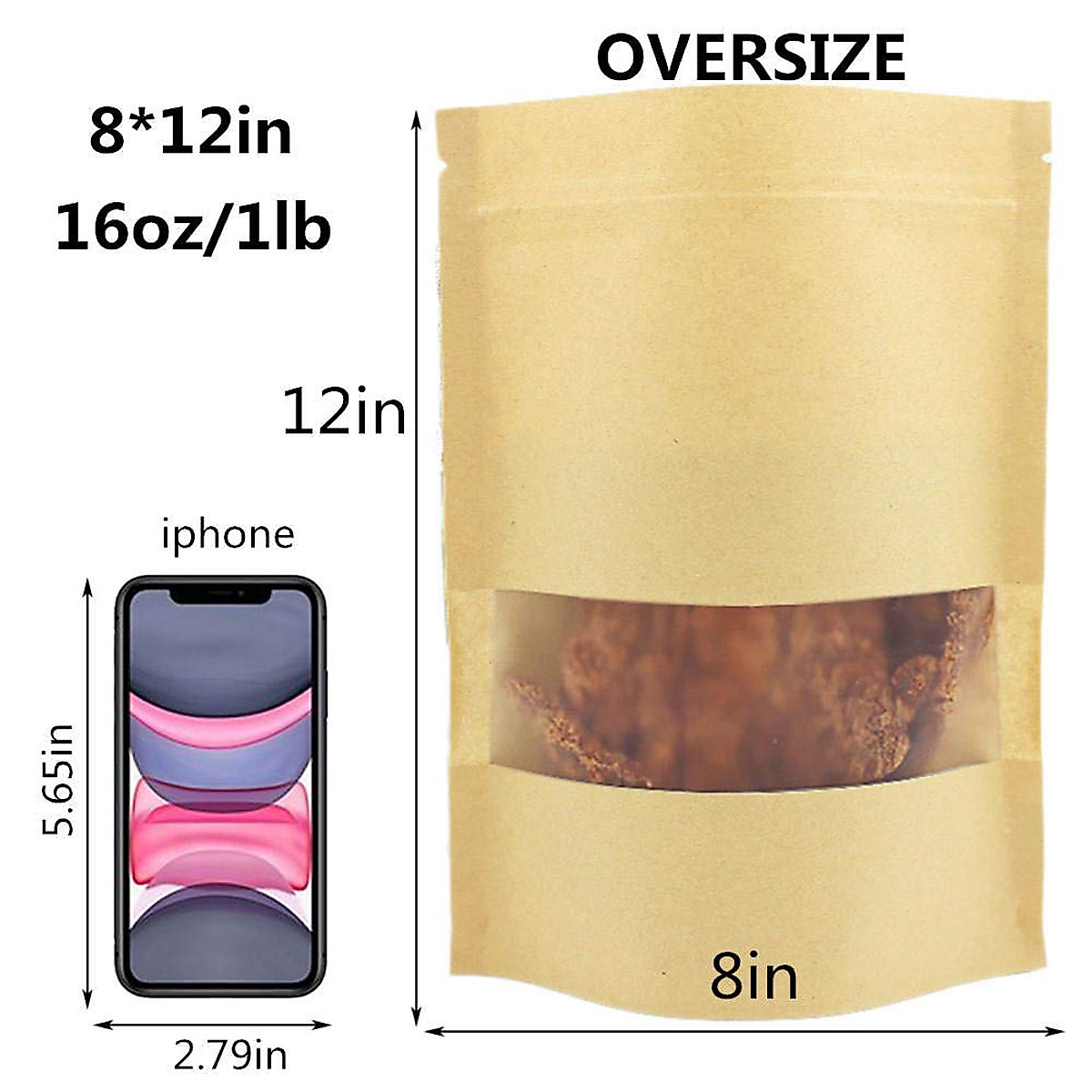 50pcs Kraft Paper Bags with Window Resealable Zip Lock Food Storage Bags Heat Sealable Stand Up Brown Paper Pouches for Cookies Coffee Tea 1lb 8×12in