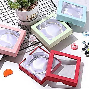 Tuanse 24 Pcs Square Cardboard Jewelry Gift Box 3.5 x 3.5 x 0.8 inches Jewelry Boxes Bulk with Clear Lid for Bracelet Packaging Boxes Earring Ring Necklace Pendant Jewelry Display Storage, 4 Colors