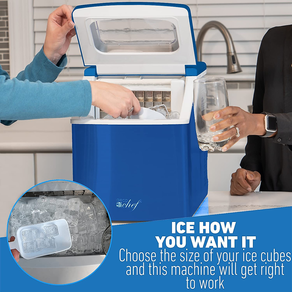 Deco Chef Countertop Ice Maker 40LB/24H, 24 Full Cubes Every 15 Minutes, Adjustable Size, Digital Control and Timer, Self-Cleaning, EZ Access Flip Lid, Scoop Included, Blue