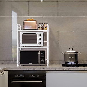 DOLALIKE Microwave Oven Rack, Expandable Microwave Stand Countertop Kitchen Utensils Tableware Storage, Carbon Steel Over Microwave Shelf Countertop 3 Tier with 3 Hooks