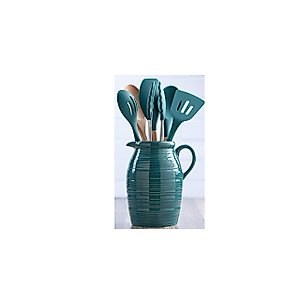 Farmhouse Crock and Utensil Set 7 Piece Green Ceramic