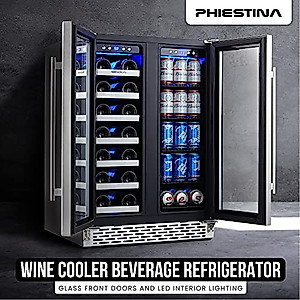 Phiestina Wine Cooler Beverage Refrigerator, 24” Beer Wine Fridge with Dual-Zone Digital Temperature Control, Glass Front Doors and Interior Lighting Holds 20 Bottles and 72 Cans on Removable Shelves