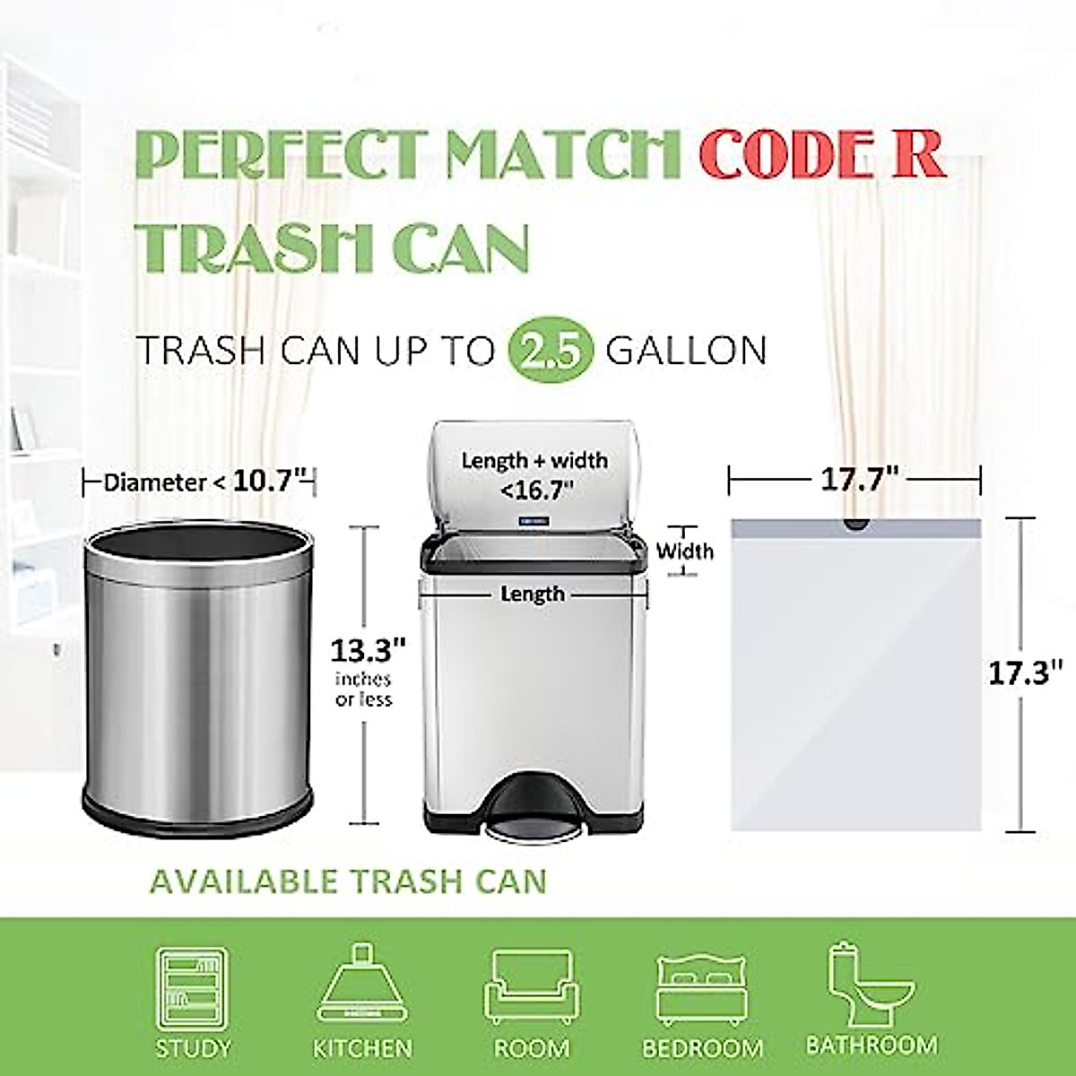 2.5 Gallon 220pcs Strong Drawstring Trash Bags Garbage Bags by Teivio, Bathroom Trash Can Bin Liners, Small Plastic Bags for Home Office Kitchen, White