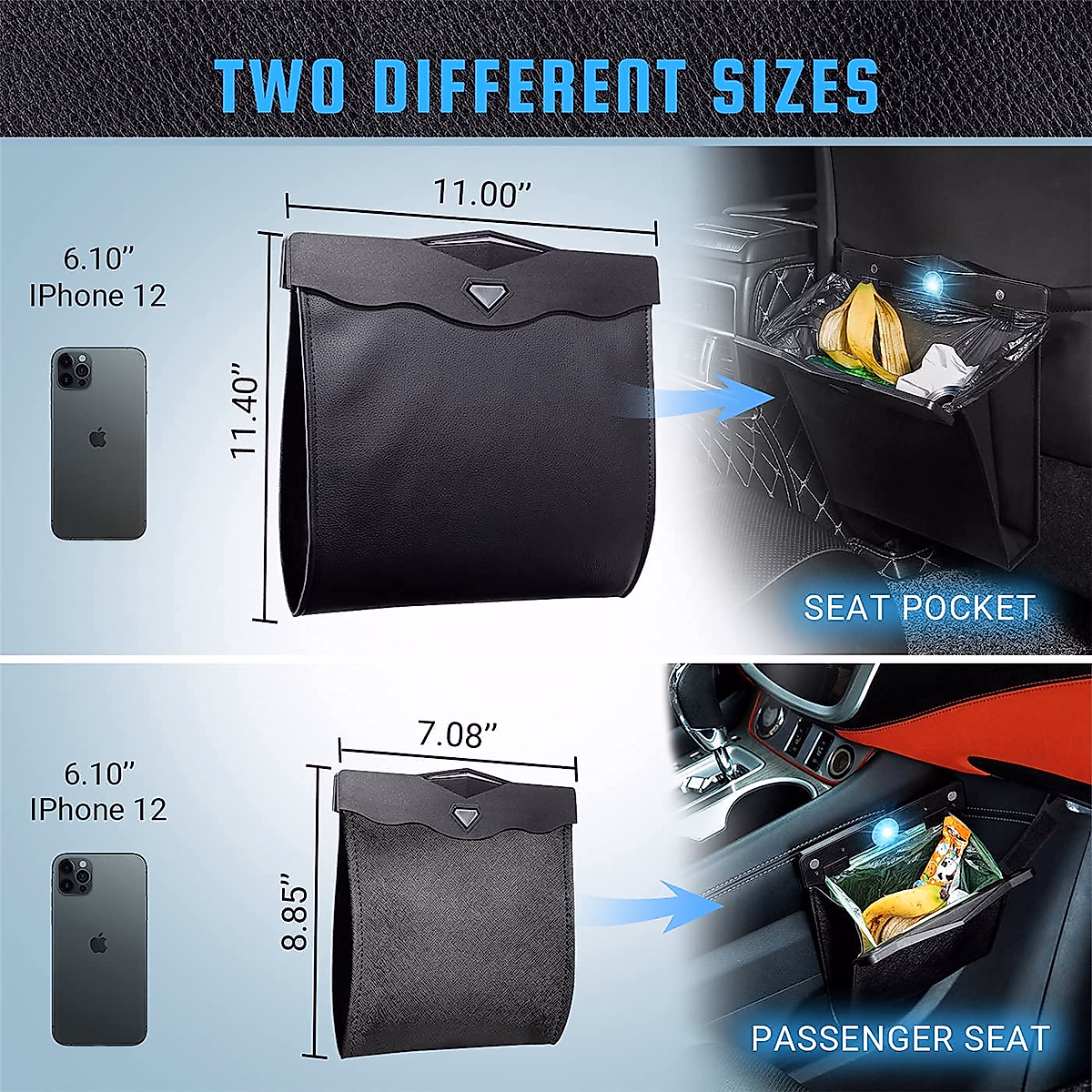 CREOMG Car Trash Bag, Superior PU Leather with LED Light and Magnet Closure Design, Bundle with Tissue Box and 30 Disposable Inner Garbage Bags, Waterproof Vehicle Rubbish Container Garbage Can