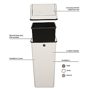 Witt Industries 1411HTWH Stainless Steel 21-Gallon Waste Watcher Hamper and Swing Top Receptacle, Square, 15" Width x 15" Depth x 38" Height, White