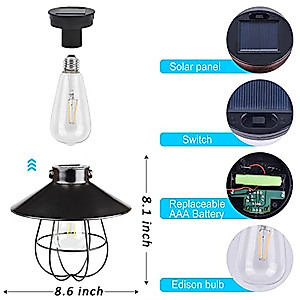 pearlstar Solar Hanging Lantern-Waterproof Metal LED Lights with Warm White Outdoor Lanterns Solar Powered Edison Bulb with Handle Design Decor for Garden Patio Courtyard Backyard Porch (Black)
