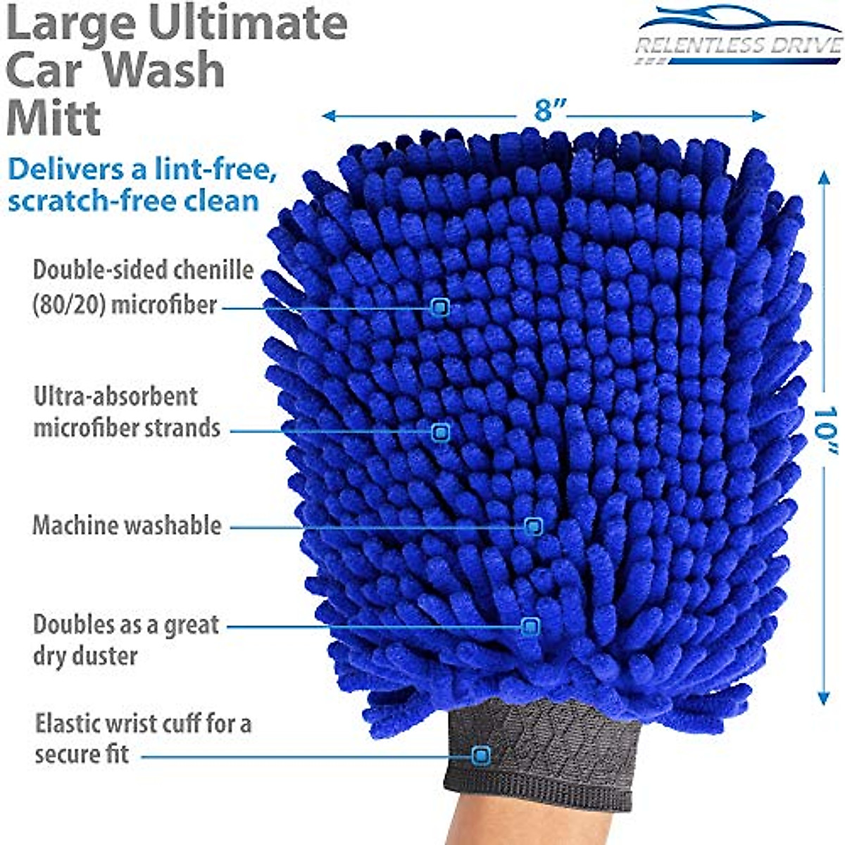 Relentless Drive Car Wash Mitt & Works as Car Wash Sponge, Chenille Microfiber Wash Mitt Scratch Free, Ultra Absorbent Microfiber Mitt for Cars, Trucks, SUV, Boat & Motorcycle (Large)