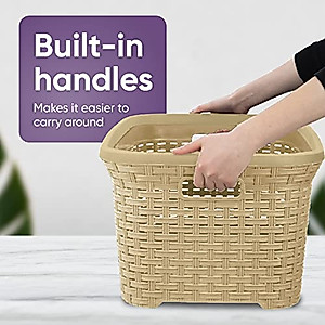 Superio Laundry Basket Plastic Storage Hamper Basket, Beige Cloths Basket Organizer with Cut-Out Handles. Space Saving for Laundry Room Bedroom Bathroom, Wicker Design 50 Liter (2 Pack)