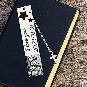 Personalized Engraved Bookmarks with Picture Logo Custom Laser Photo Name Book Mark Customized Metal Bookmarks with Cross for Women Men Teacher Valentine’s Day Gift-Blue