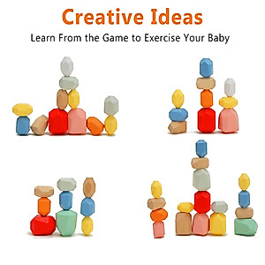 DORLETEM 36PCS Wooden Balancing Stacking Rocks Stones, Building Blocks Set, Montessori Educational Preschool Learning Sensory Toys Lightweight Sorting Wooden Blocks for Kids