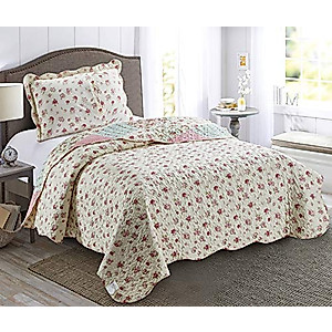 Brilliant Sunshine Pink and Green Rose Patchwork, 2-Piece Quilt Set with 1 Sham, Reversible Bedspread, Soft Lightweight Coverlet, All-Season, Twin, Pink Green