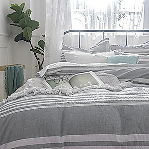 Merryfeel Cotton Duvet Cover Set,100% Cotton Seersucker Duvet Cover Set,Yarn Dyed stirped Duvet Cover Set,3 Pieces Bedding Set, King - Grey