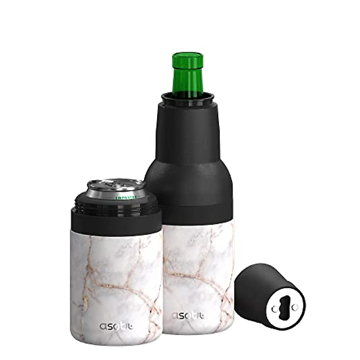 Asobu Frosty Beer Holder 2 Go Vacuum Insulated Double Walled Stainless Steel Beer Can and Bottle Cooler with Beer Opener Eco Friendly and Bpa Free (Marble)