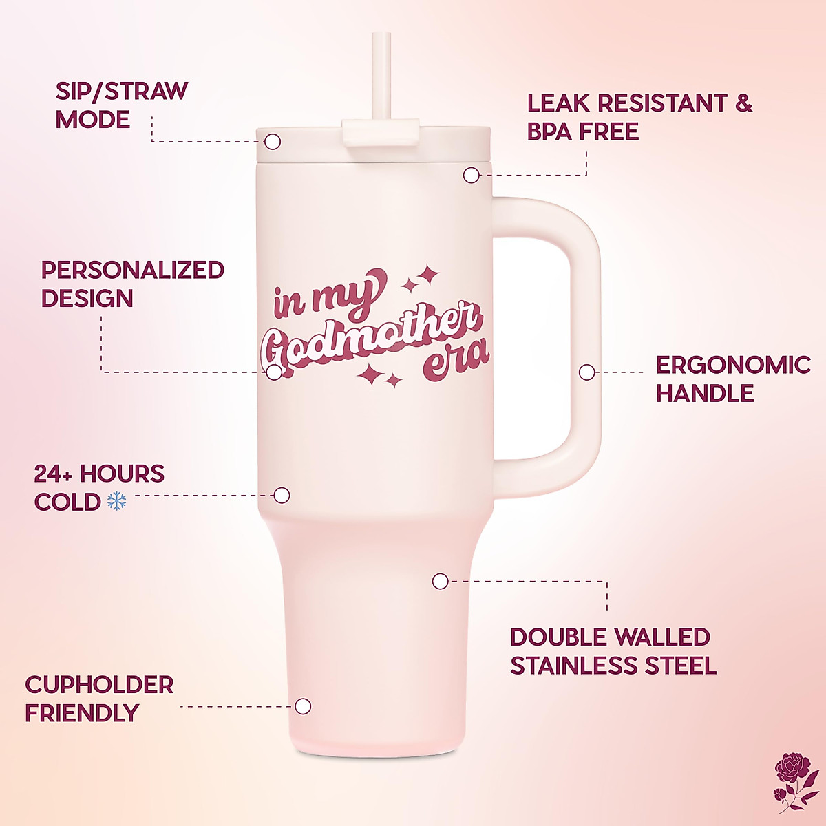 VIOLET & GALE Godmother Gifts From Godchild - Retro Collection - 40oz Insulated Tumbler with Handle, Godmothers Proposal Gift, In My Godmom Era Cup Water Bottle Coffee Mug