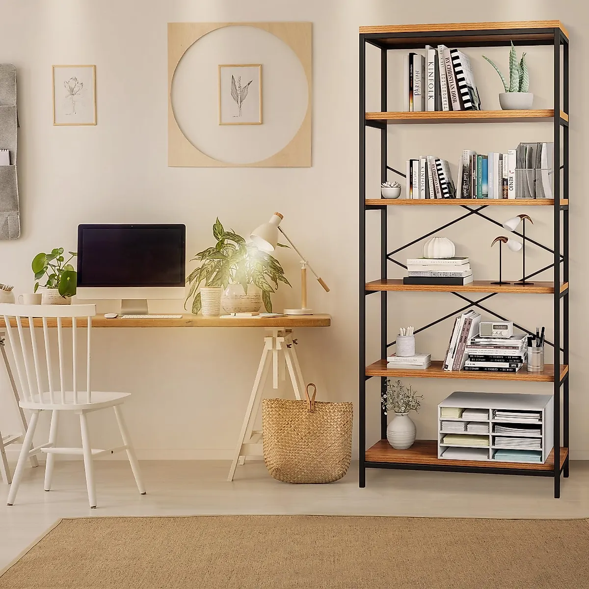 BATHWA Bookshelf, 6-Tier Industrial Bookshelves, Wood and Metal Bookcase, Free Standing Storage Vintage Bookshelf for Living Room, Bedroom and Home Office, Rustic Brown