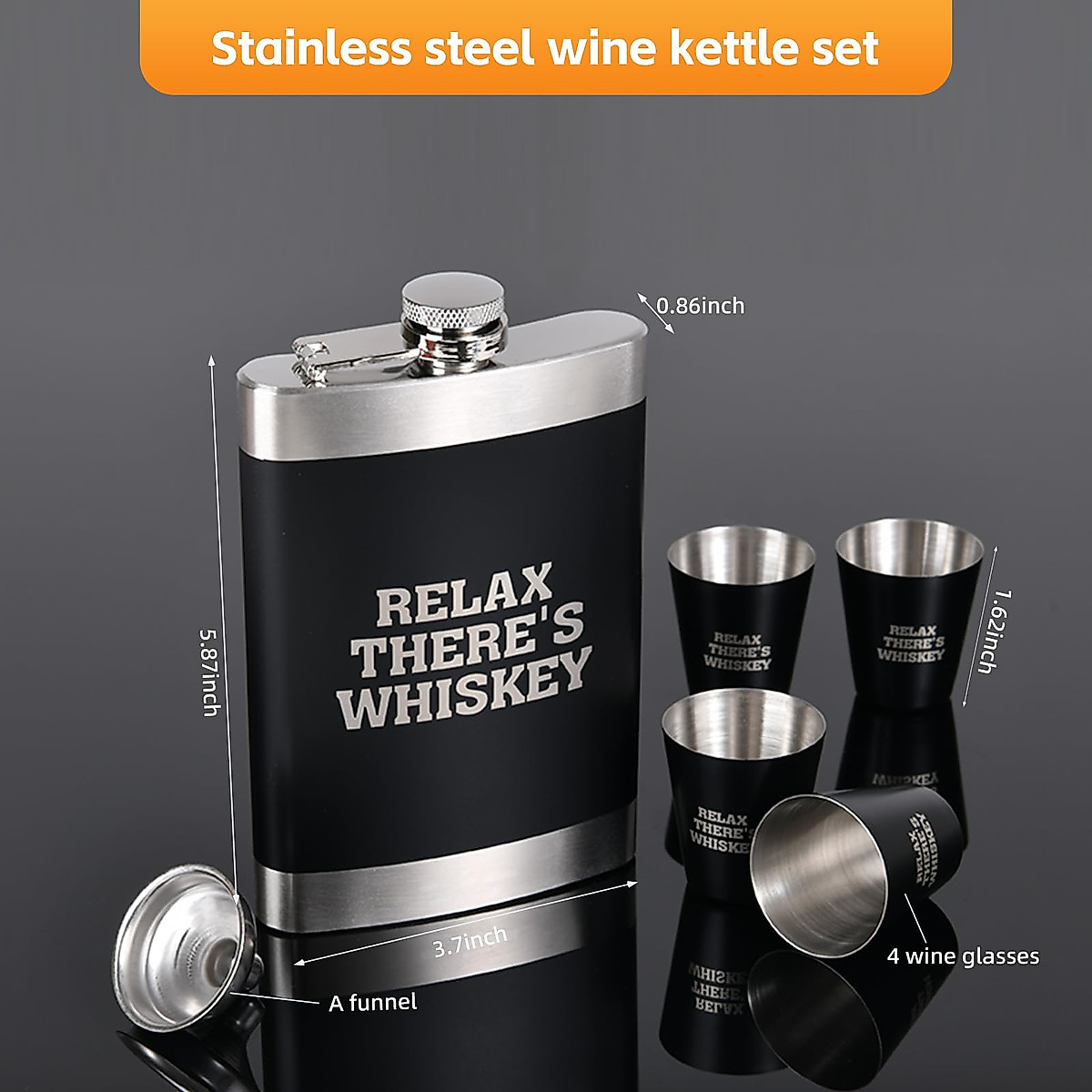 Hip Flask Gift Set for Men, Stainless Steel Leak-proof Engraved Flask for Liquor with 4 Cups and Funnel, Food-grade Black Flask, Gift Box for Wedding Party Groomsman Climbing Hiking Picnic