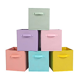 Stero Fabric Storage Bins 6 Pack Fun Colored Durable Storage Cubes with Handles Foldable Cube Baskets for Home, Kids Room, Closet and Toys Organization Cyan, Green, Yellow, Purple, Pink and Peachpuff