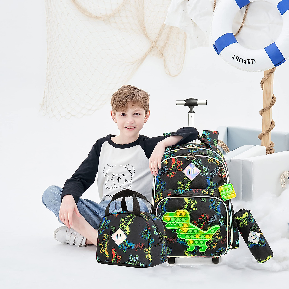 Meetbelify Rolling Backpack for Boys with Lunch Box Set Dinosaur Backpack with Wheels Kids Travel Suitcase Laptop Luggage for Boys Age 6-8