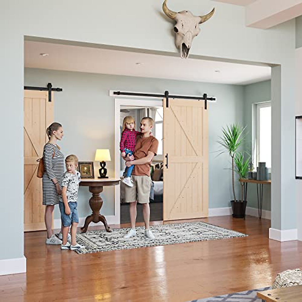 SmartStandard 36in x 84in Barn Door Kit, (2-Panel Sliding Door & Pull and Handle Set & Floor Guide), Pre-Drilled Ready to Assemble, Natural Unfinished Solid Wood Door, K-Frame (Fit 6FT -6.6FT Rail)