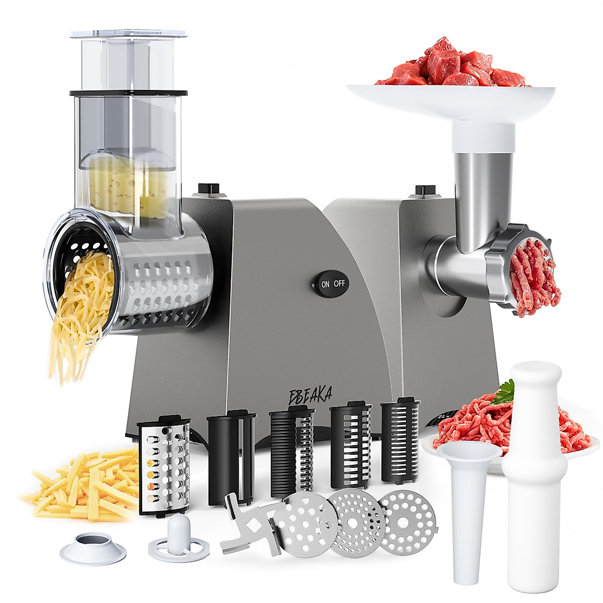 EBEAKA 2 in 1 Electric Cheese Grater and Meat Grinder for Home Use, Kube Maker, Sausage Maker, Fruit, Vegetable Slicer, Cheese Shredder for Block Cheese, Salad Maker