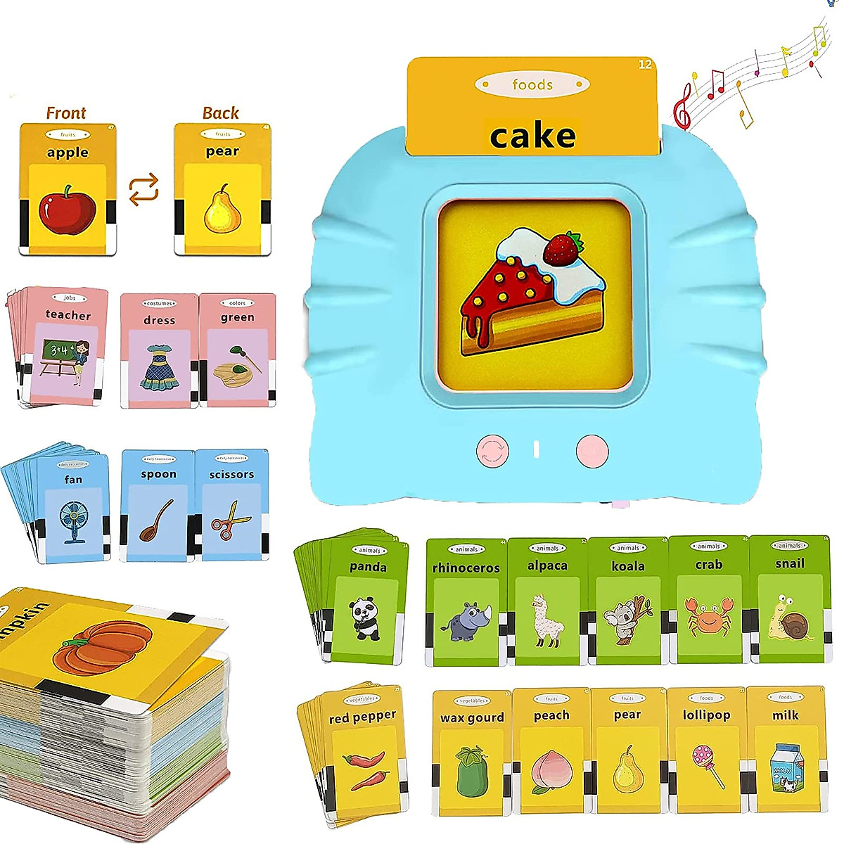 Educational Toddler Toy Flashcards Device,WONFAST 112PCS Double-Sided Illustrations Words Audible Preschool Learning Flash Cards Reader for Kids Boys Girls Birthday Christmas Children Gifts (Blue-1)