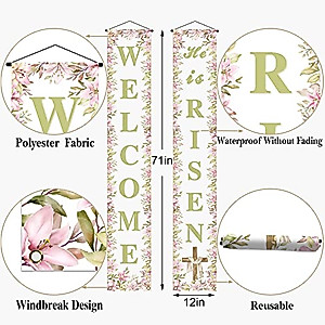 Pudodo He Is Risen Porch Banner Easter Christian Cross Resurrection Religious Holiday Party Front Door Sign Wall Hanging Decor