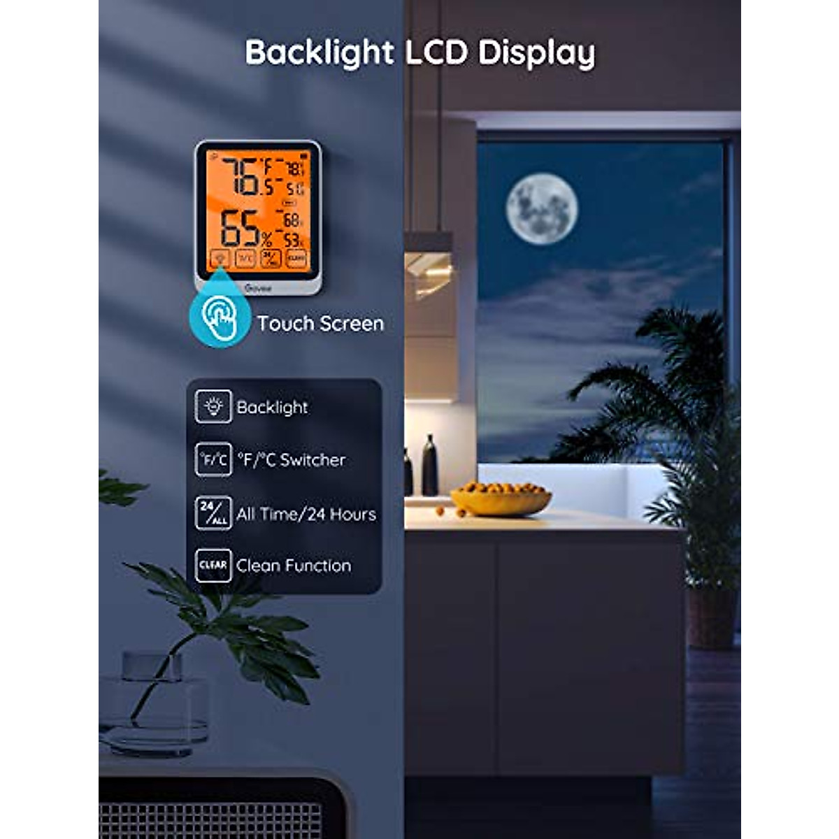 Govee Bluetooth Thermometer Hygrometer with 4.5 Inch Large Backlight LCD Touchscreen, Digital Temperature Humidity Monitor with App Alerts, 2 Years Data Record & Export, for Nursery Room Greenhouse