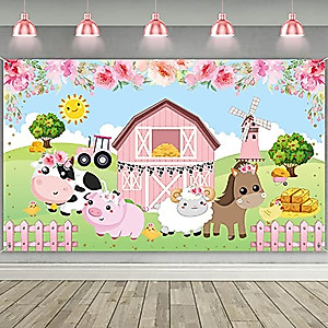 Farm Animals Theme Party Decorations, Pink Flowers Floral Barn Backdrop Banner for Grass Children Birthday Party Supplies, Farm Animals Scenic Background Photo Booth Banner, 72.8 x 43.3 Inch