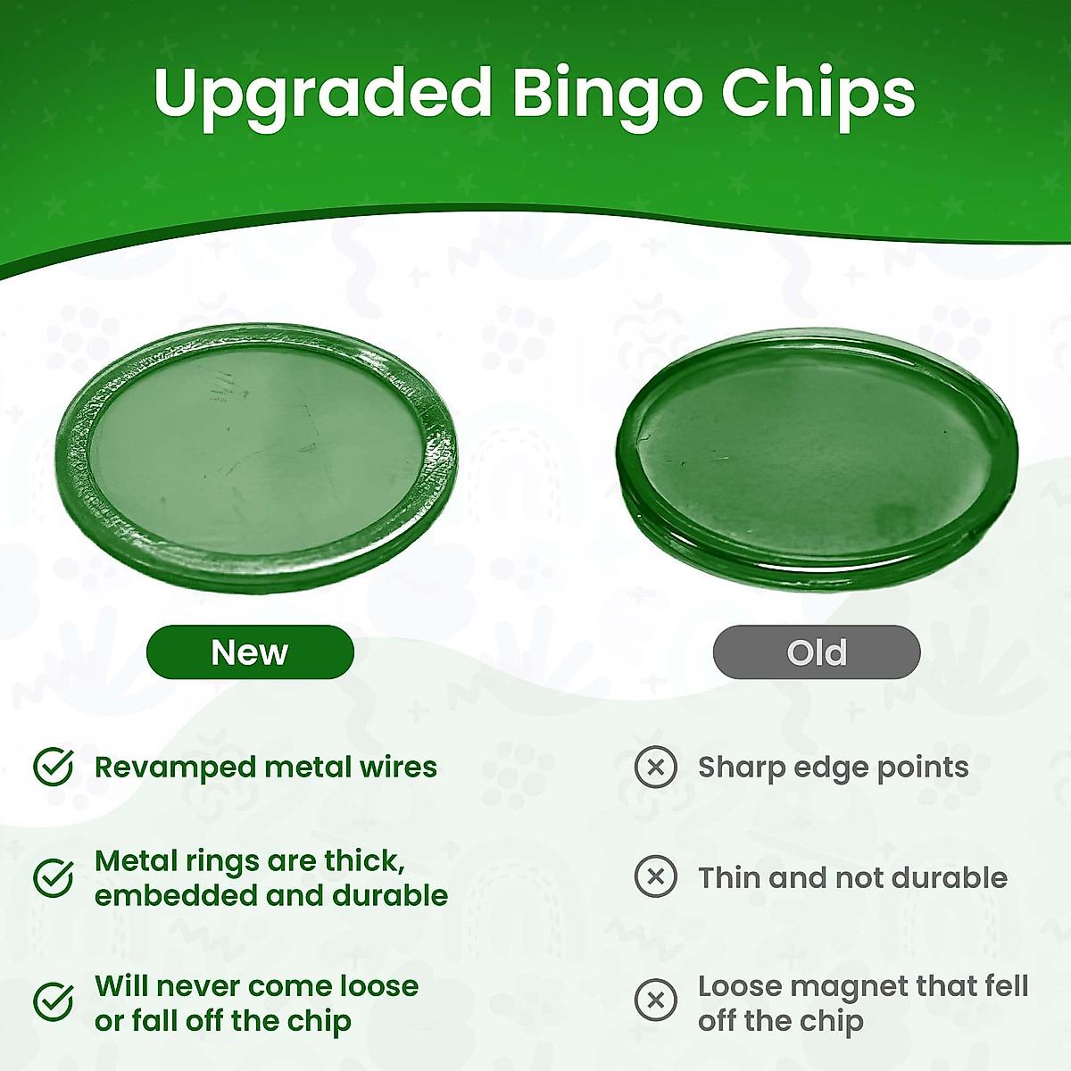 MR CHIPS Magnetic Bingo Chips with Metal Ring 3/4 Inch 200 Upgraded Pieces Green Transparent - Available in 7 Colors A Reusable Storage Bag