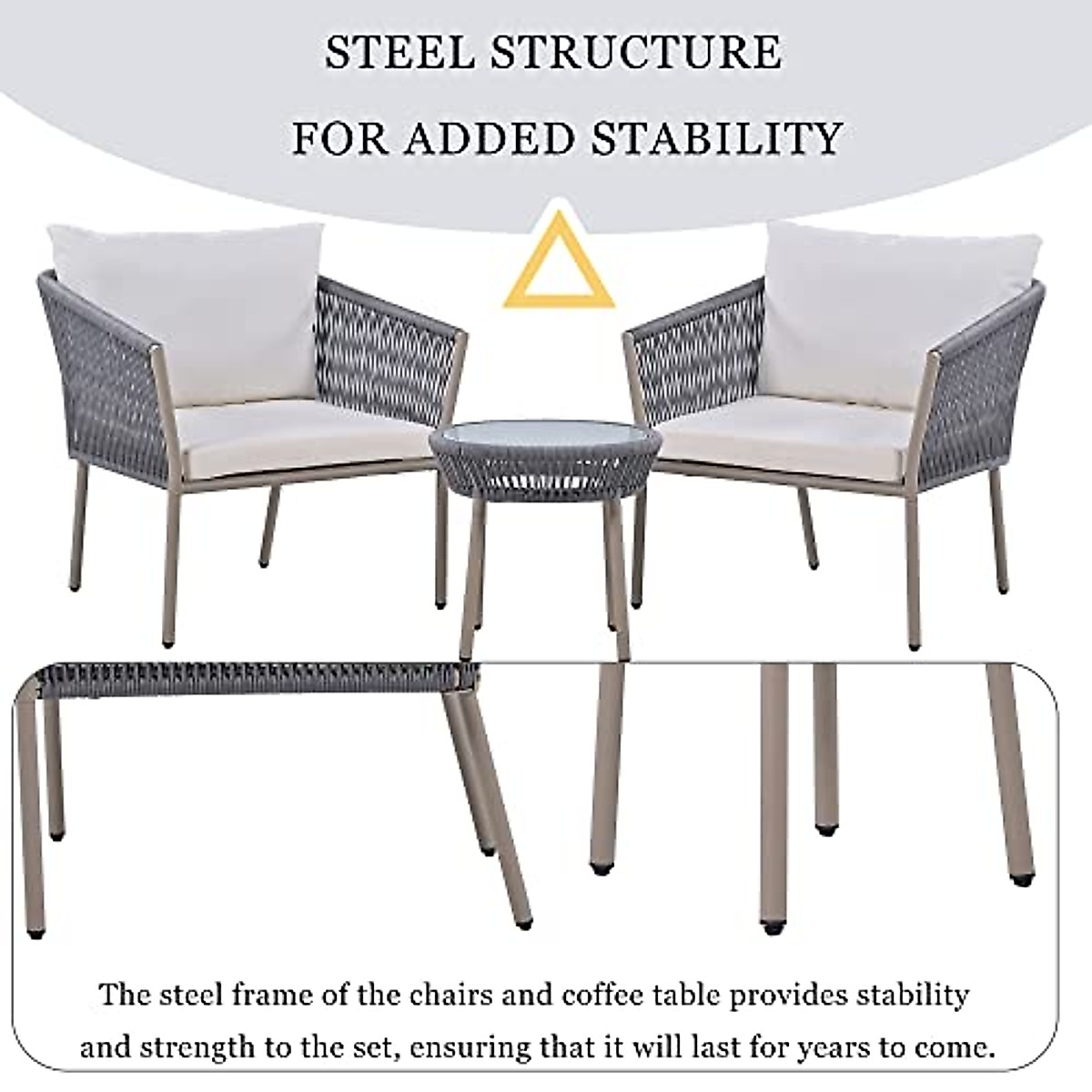 KELRIA Woven Rope Conversation Set, Rattan Couch Sofa Including 2 Single Chairs and Coffee Table, Suitable for Indoor, Outdoor, Balcony, Courtyard, Poolside, Lawn, Backyard, Gray, Gary