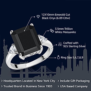 Gem Stone King 925 Sterling Silver Black Onyx and White Moissanite 3 Stone Ring For Women (6.09 Cttw, Gemstone Birthstone, Emerald Cut 12X10MM, Trillion 3.5MM) (Size 8)