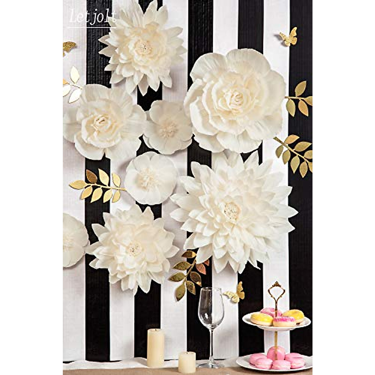 Letjolt White Paper Flowers Handcrafted Dahlia Spring Party Birthday Party Modern Wedding Backdrop Wall Decor Baby Shower Bridal Shower (White 8Pcs)