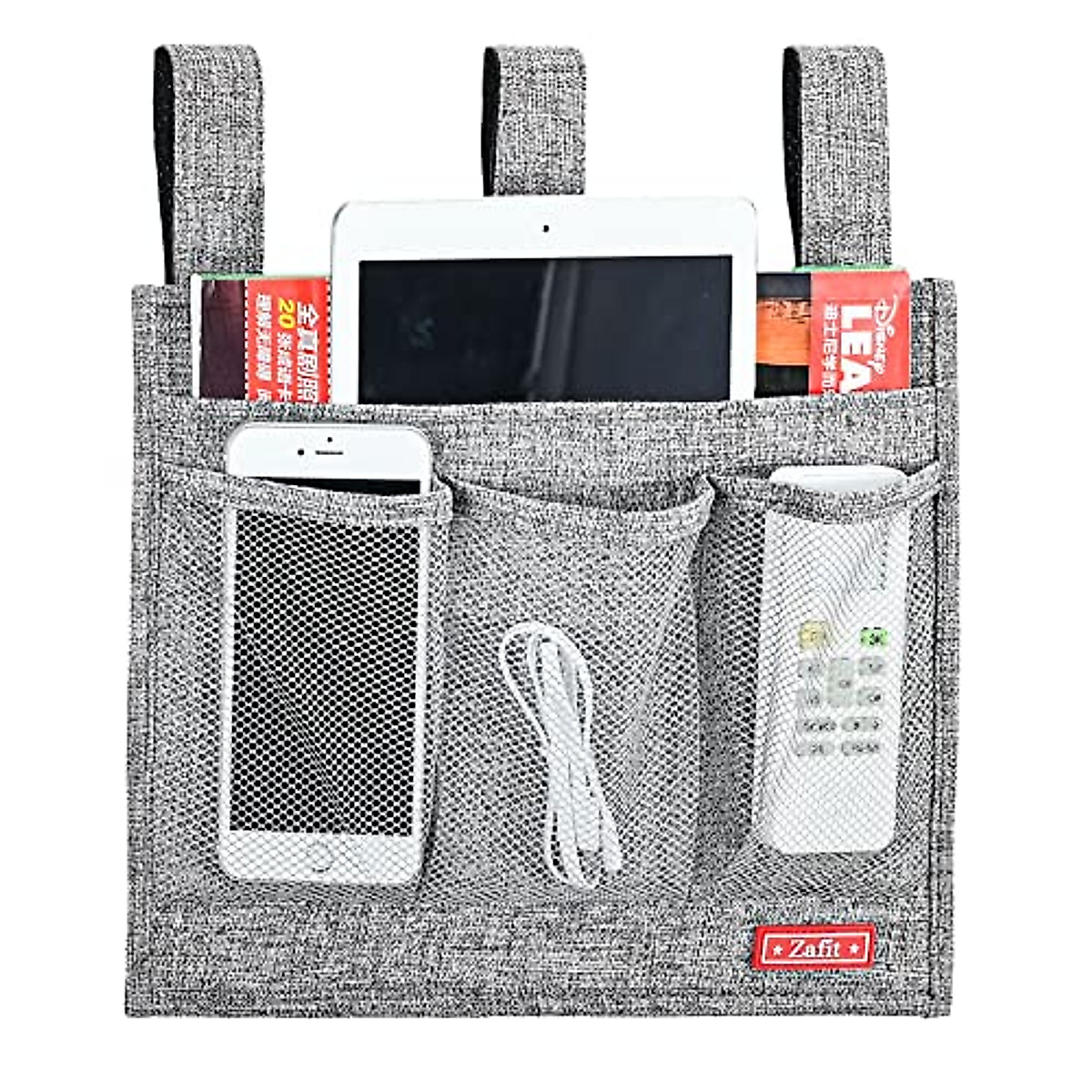 Zafit Linen Bedside Caddy, Bedside Storage Organizer for Hospital Beds, College Dorm Rooms or Baby Bed (Classic 4 Pockets Grey)