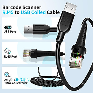 (2PCS) 9.84ft Scanner Cable for Honeywell USB Cable MS9520 MS5145 MS1690 MS1890 MS9524 MS9535 MS9540 MK9540 MS9541 MS9544 MS9590 MS9590i Fusion MS3780 Cord Barcode Scanner USB Cable Coiled Cord
