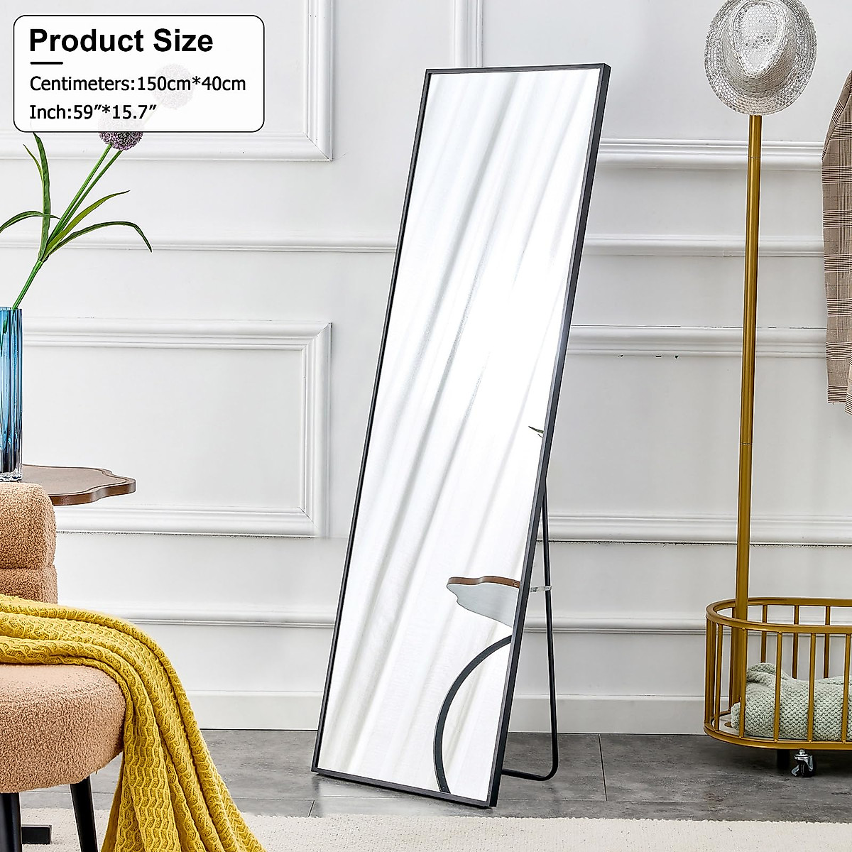 Bblack Aluminum Alloy Metal Frame Wall Mounted Full Body Mirror, Bathroom Makeup Mirror, Bedroom Porch, Clothing Store, Floor Mounted Large Mirror