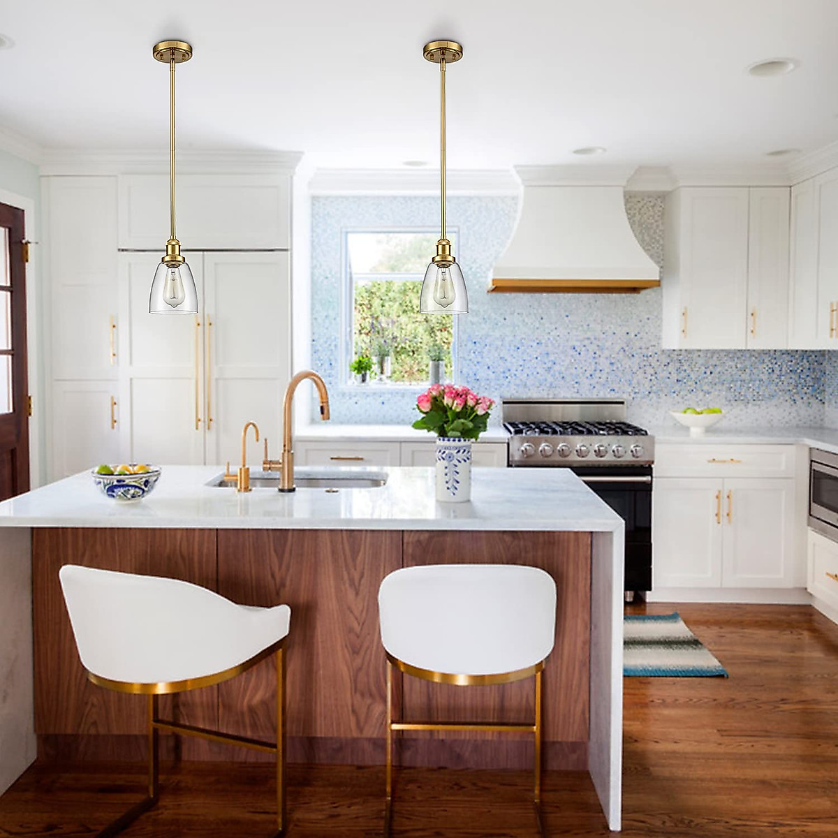 CLAXY Glass Pendant Lights Kitchen Island Mini Pendant Lighting Bell Shade Adjustable Rod Hanging Pendant Light Fixture Gold