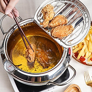 Deep Fryer Pot, Japanese Style Tempura Deep Fryer Frying Pot With Thermometer, Lid, Oil Drip Drainer Rack for French Fries Fish Shrimp Chicken 7.9 Inch/2.2 L 304 Stainless Steel Gifts