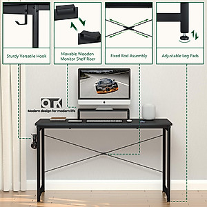 OTK Computer Desk 55" with Movable Monitor Shelf Riser, Sturdy Home Office Desk, Writing Desk, Gaming Desk with Headphone Hook, Computer Work Station, Work Table, Black