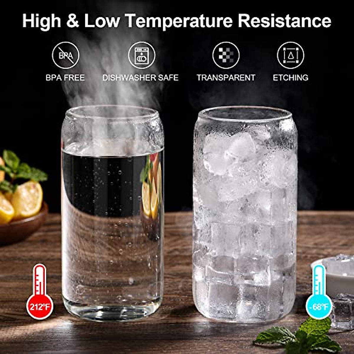 4 Pack Drinking Glasses, EFOBO 16 oz Beer Can Glass with Bamboo Lids, Straws and Cleaning Brushes, Can Shaped Tumbler Cup for Water, Ice Soda, Tea, Iced Coffee Glasses, Gifts