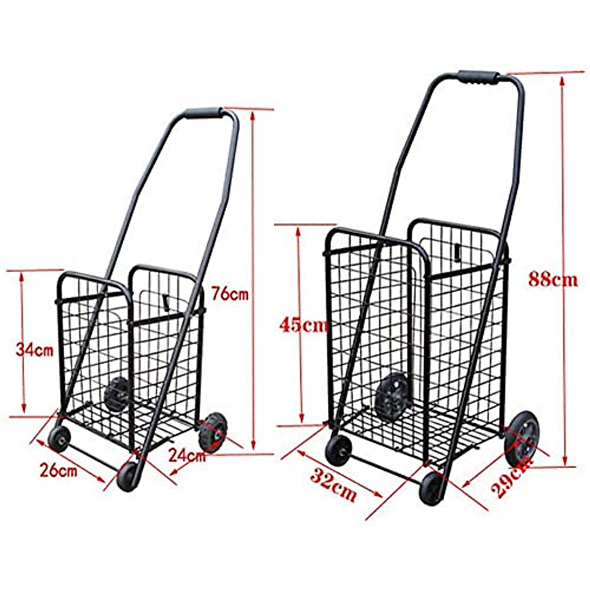 Shopping Trolley on Wheels Multi Function Shopping Cart Portable Folding Wrought Iron Trolley Luggage Trailer Special Spray Treatment Intimate Basket Buckle Storage Hand Trucks,Black,88Cm ,S