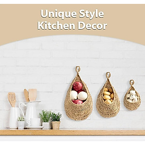 Crandek Boho Jute Hanging Basket - Wicker Hanging Fruit Basket for Fresh Produce Storage, Vegetable Keeper for Potato, Onion Garlic, Plant Holder - Handmade Kitchen Pantry Organizer (3 Size Pack)
