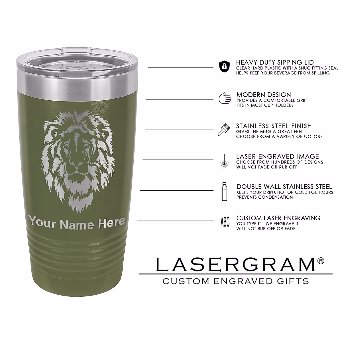 LaserGram 20oz Vacuum Insulated Tumbler Mug, Circle A, Personalized Engraving Included (Camo Green)