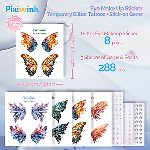 Pixiwink Butterfly Temporary Tattoos and Face Gems Stickers Kit for Women Glitter Butterfly Tattoo Temporary Hair Sticky Gems Stick on Fairy Accessories Adhesive Rhinestone Face Jewels for Makeup Rave