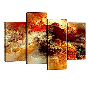 Pyradecor Large Giclee Canvas Prints Wall Art Colorful Clouds Landscape Pictures Paintings for Living Room Bedroom Home Decorations 4 Piece Modern Orange Abstract Stretched and Framed Artwork