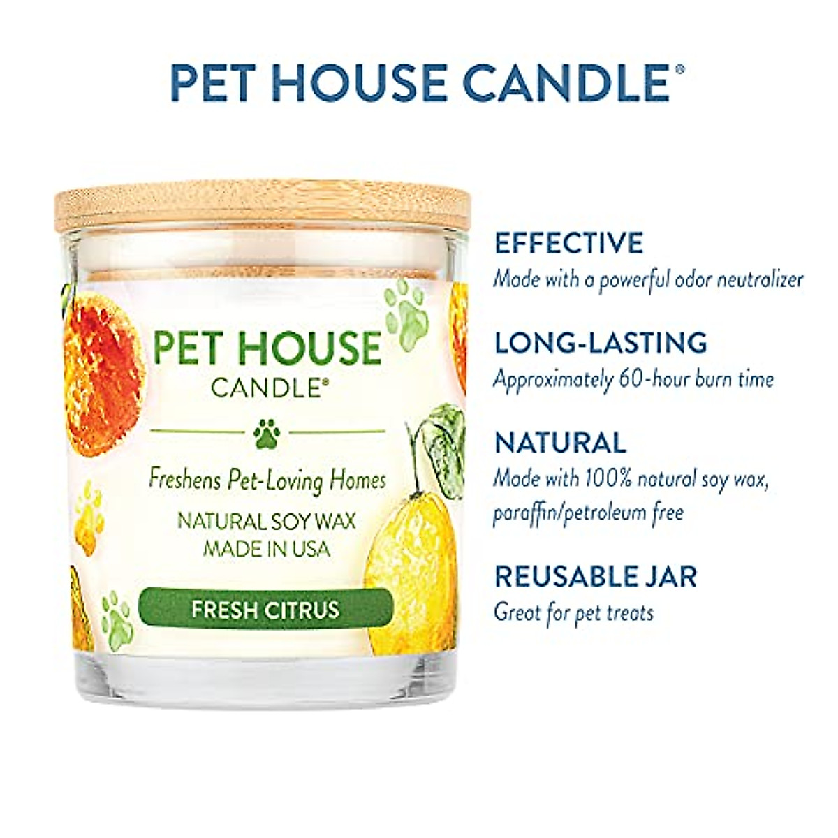 One Fur All - 100% Natural Plant-Based Wax Candle, 30+ Fragrances - Pet Odor Eliminator, Appx 60 Hours Burn Time, Scented Jar Candles – Pet House Candle, (Pack of 1, Fresh Citrus)