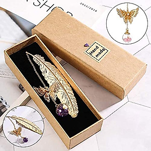 Feather Metal Bookmark Vintage Gift: Creative Book Mark with Butterfly Eternal Flower Crystal Pendant for Teachers Students Friends Lover Readers Kids Girls Women