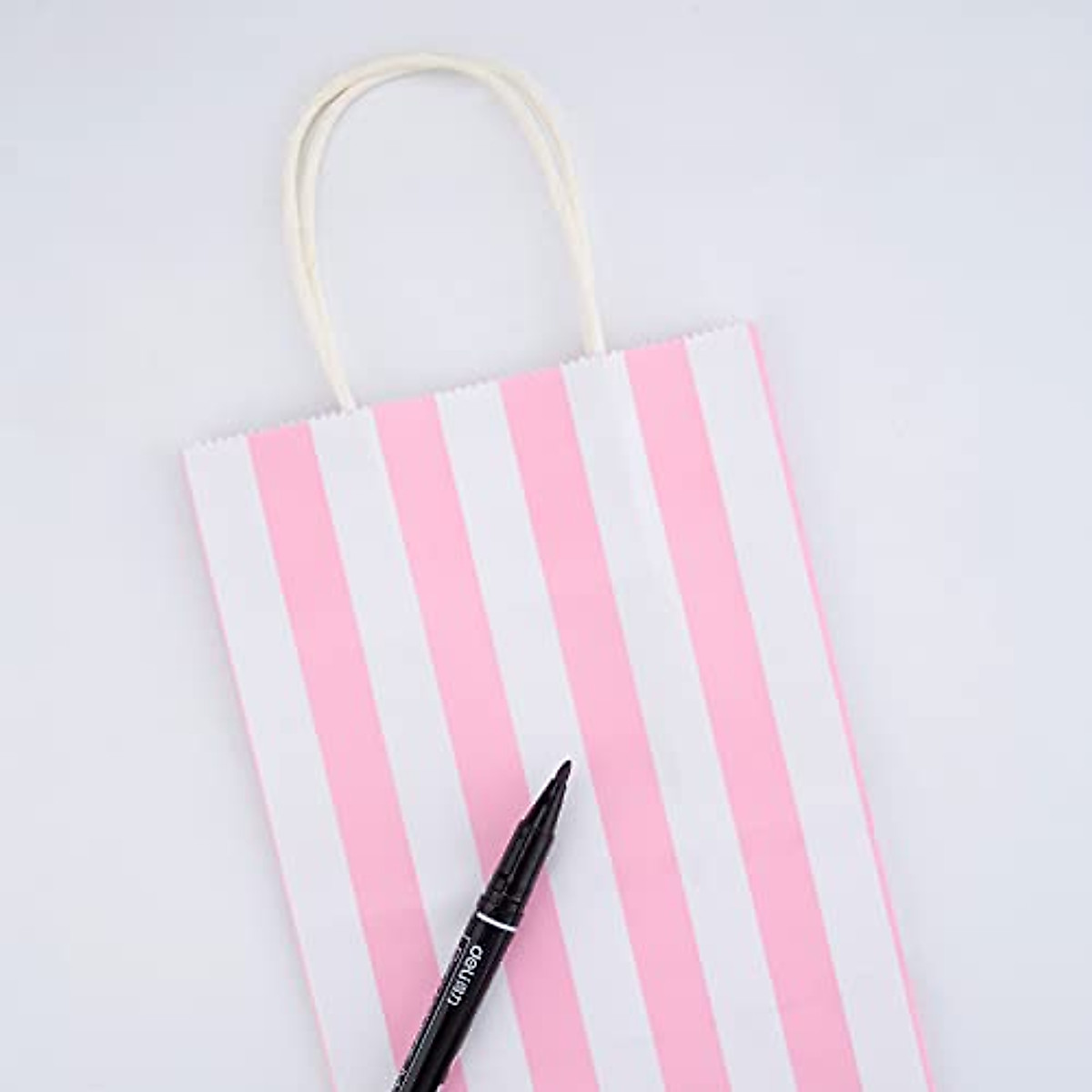 RNORRI Gift Bags 50Pcs 5.25x3.75x8 Inch Paper Bags Small Pink And White Bags Pink Party Bags Shopping Bags With Handles, Striped Bags For Baby Shower, Birthday, Business, Retail