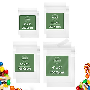 Seal Fresh Cello Bags – Bundle S Variety Pack – 4 Assorted Combo Sizes (600 Count) – 2x3 Inches (200), 3x4 Inches (200), 3x5 Inches (100), 4x6 Inches (100) – Clear Plastic Resealable Self-Adhesive Sealing Reclosable Cellophane Baggies – For Snacks, Cookie